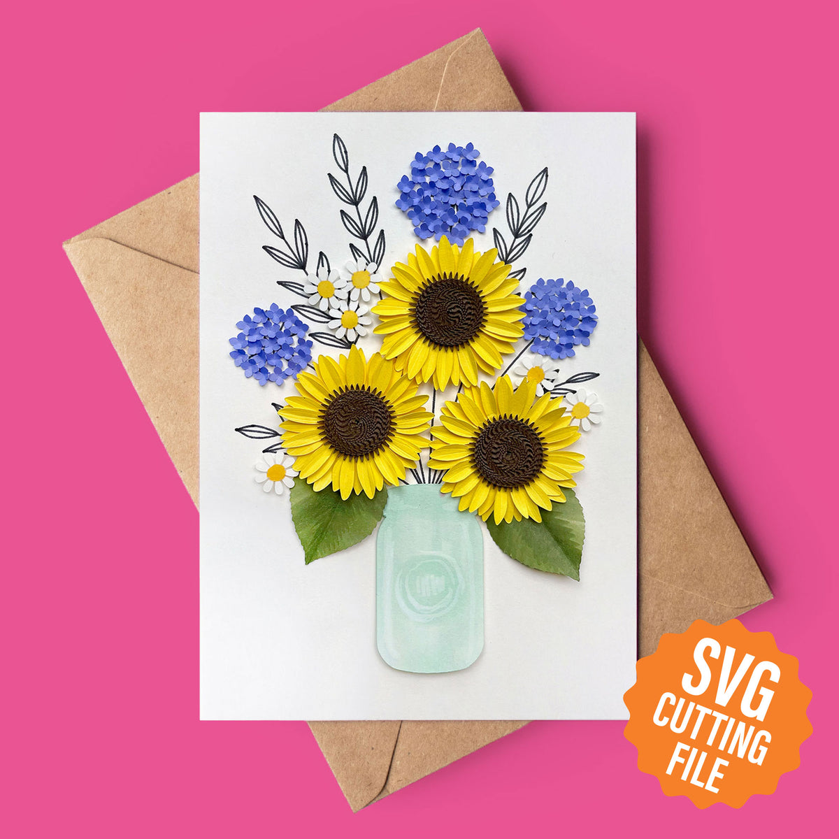 3D Flower Card Template, Sunflower & Hydrangea Greeting Card for Cutti ...
